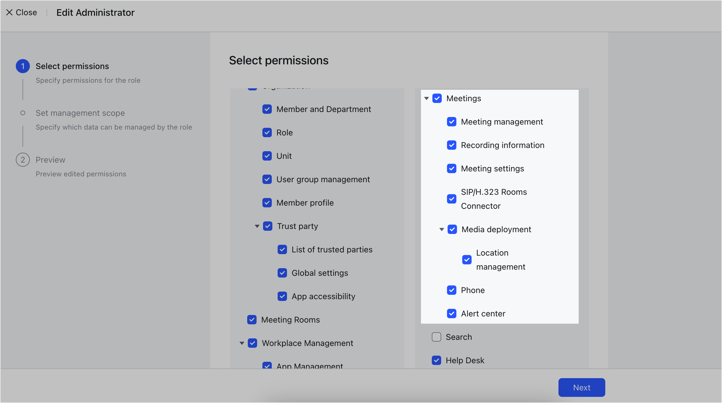 Admin | Set up video meeting management permissions for administrators