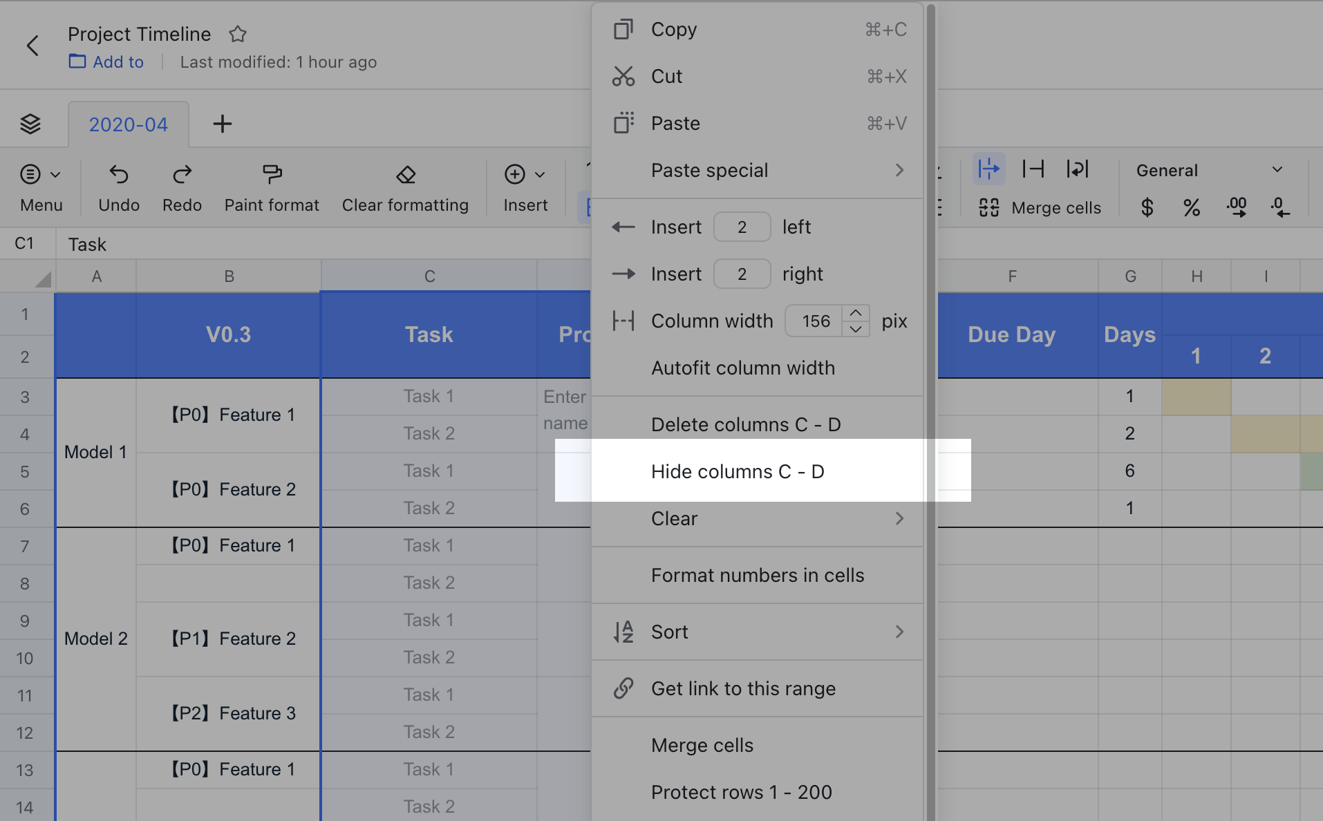 Hide sheets, rows, and columns in Sheets