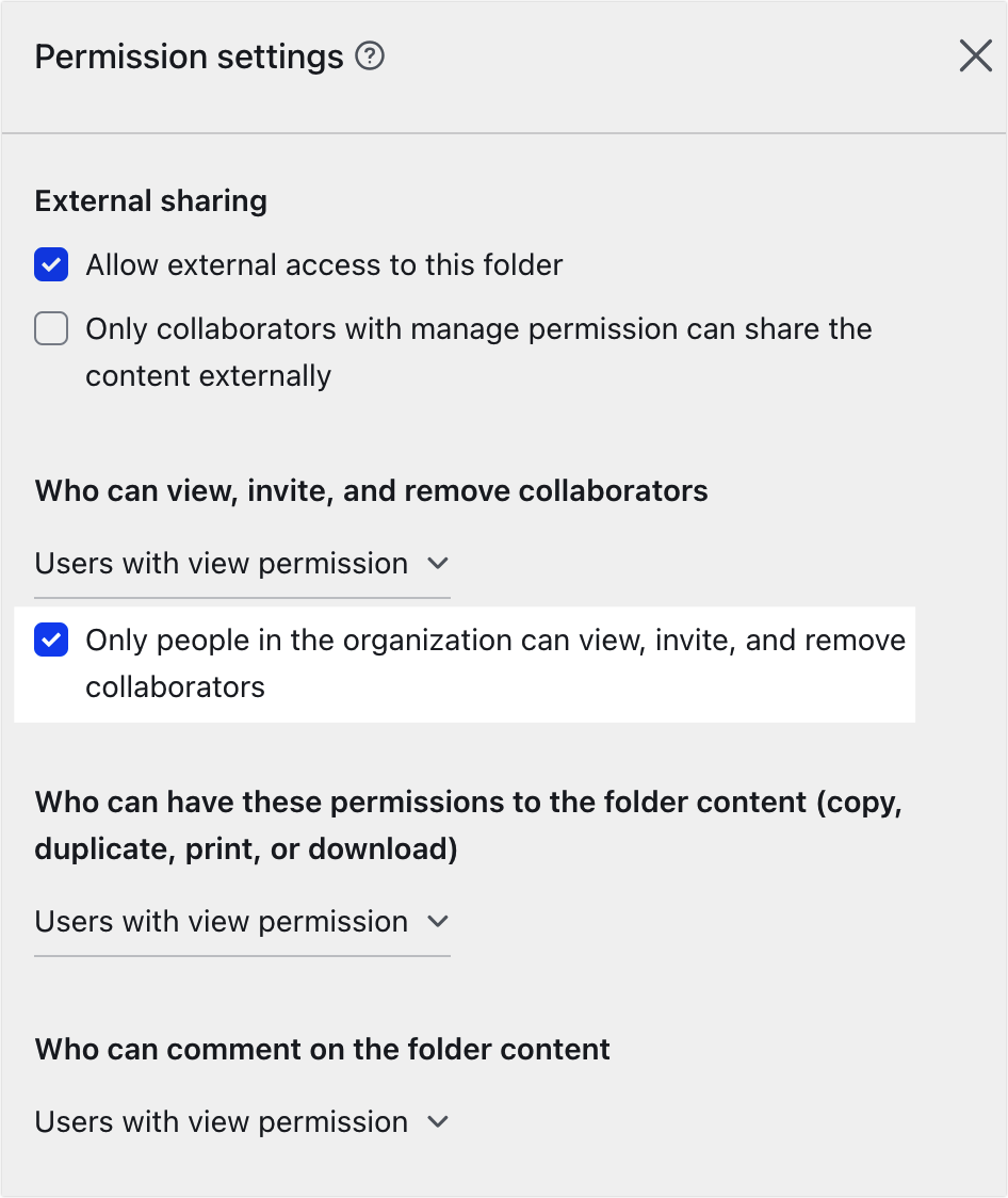 Set share, copy, download, and comment permissions for folders