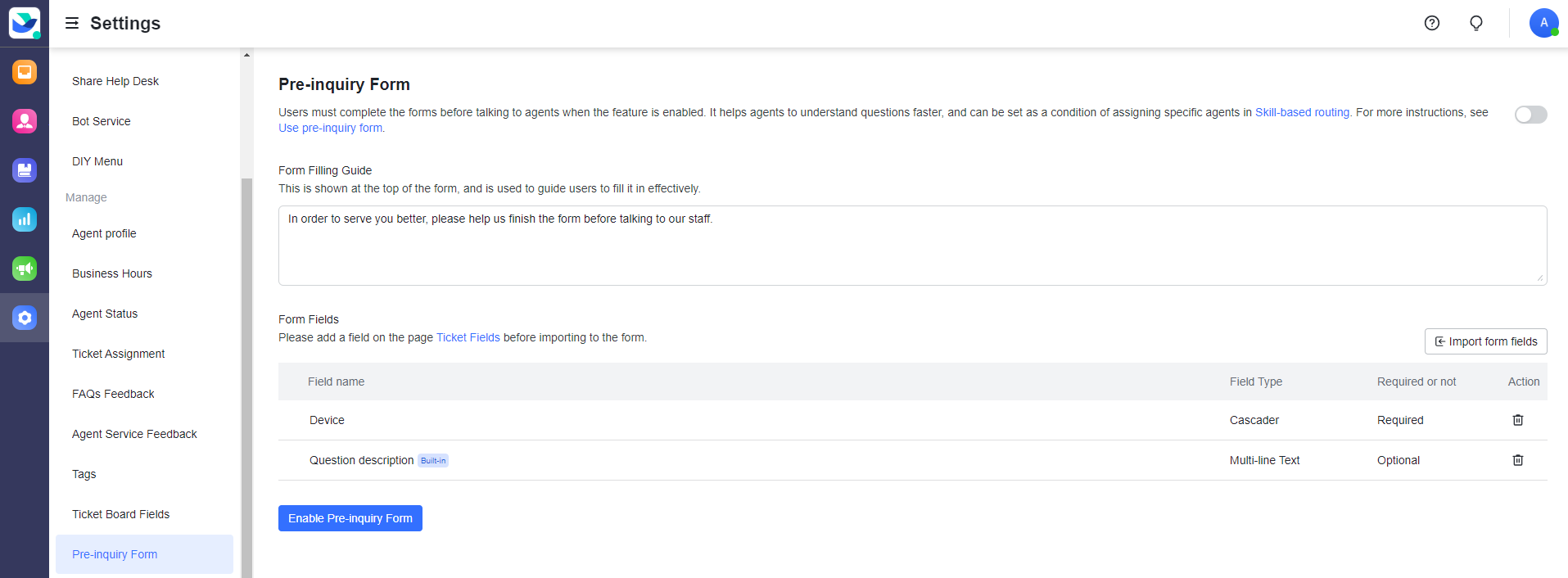 Configure Help Desk pre-inquiry forms