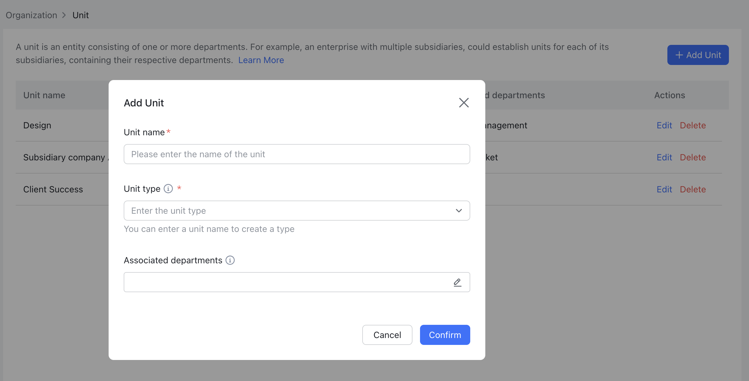 Admin | Create and manage units