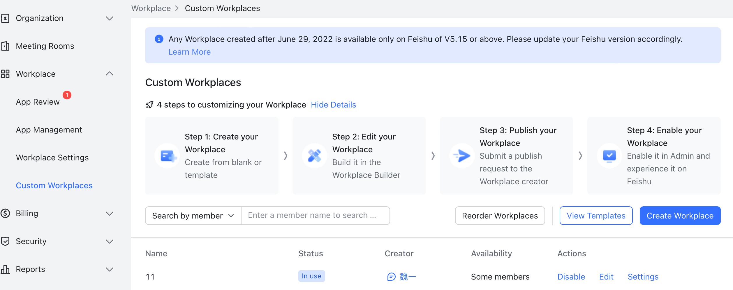 Edit a Custom Workplace