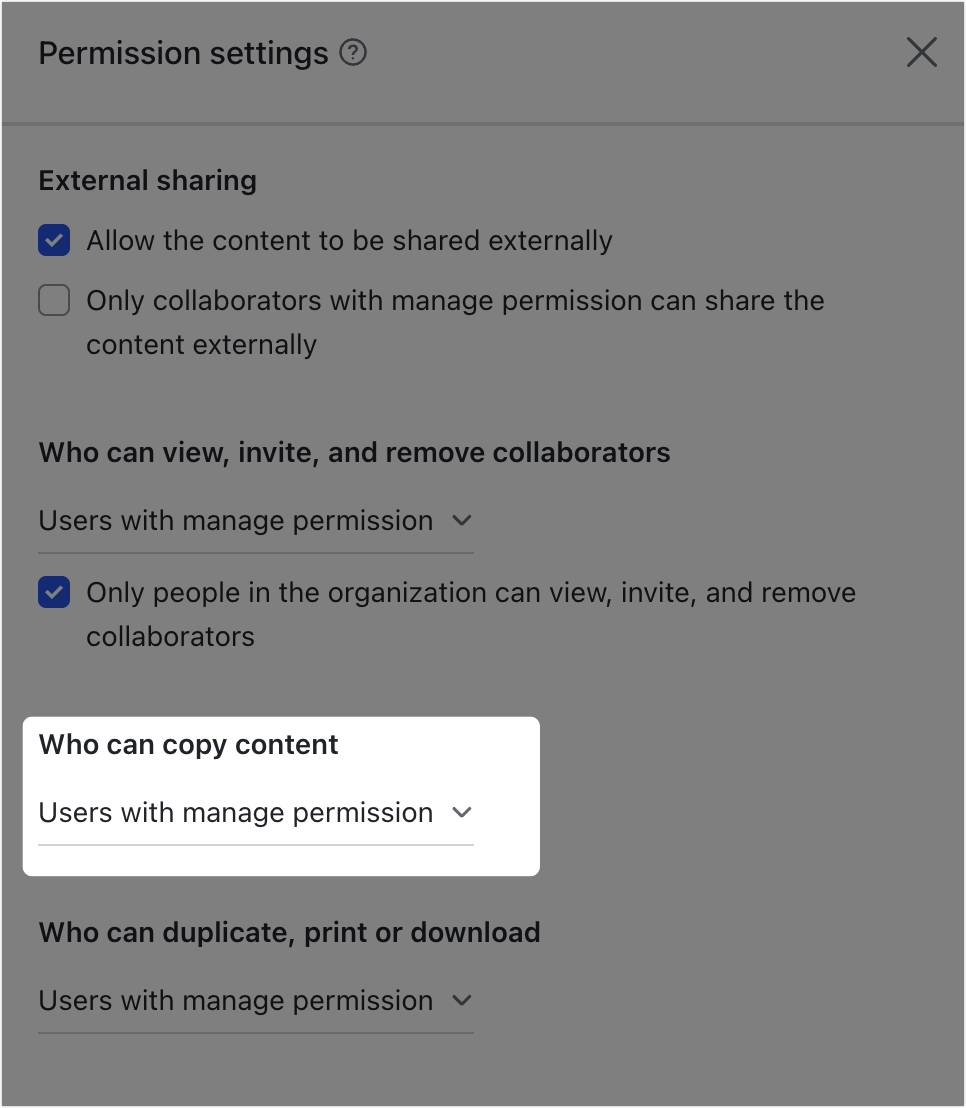 Set share, copy, download, and comment permissions for documents