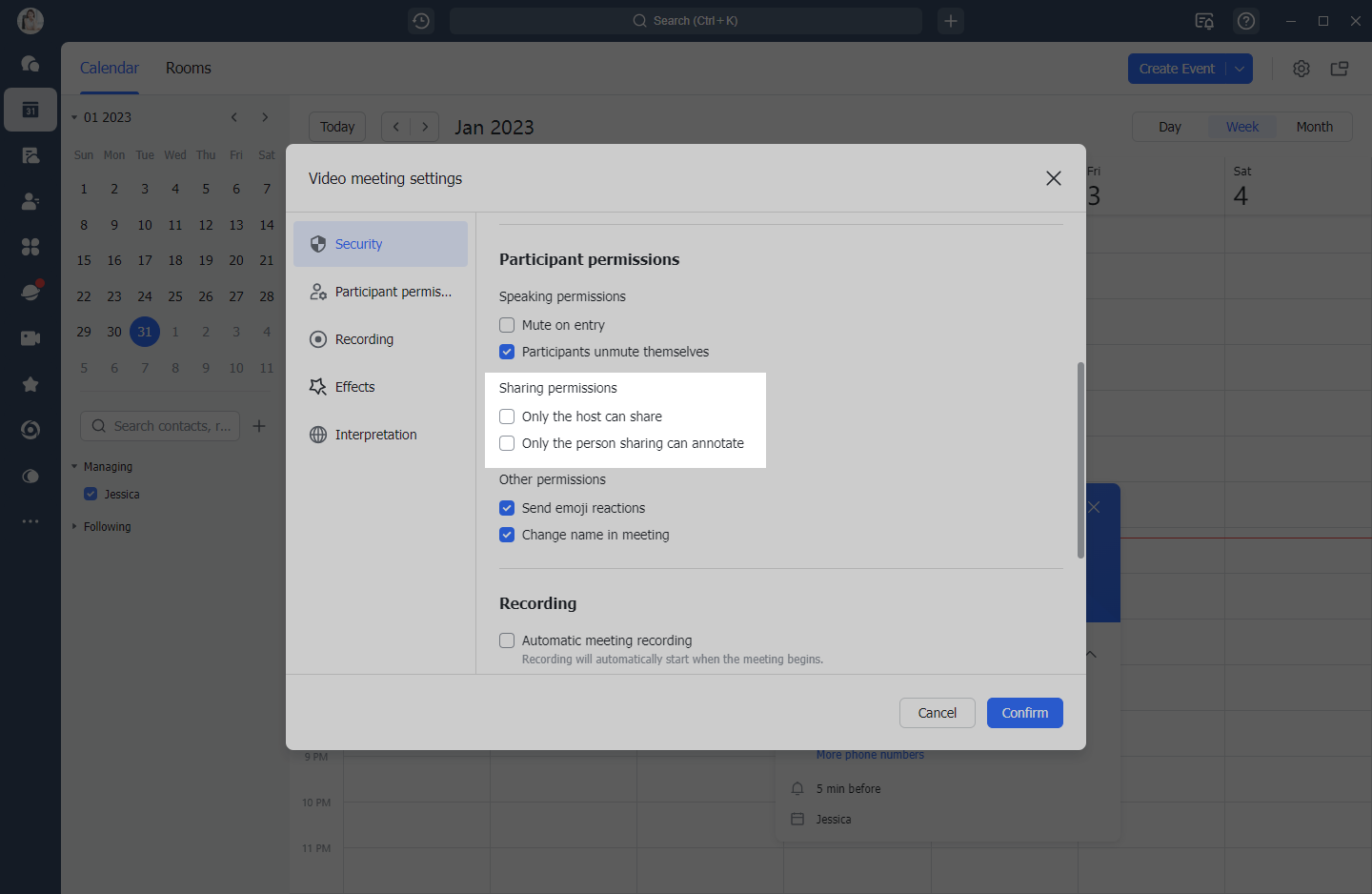 Manage meeting settings in a calendar event