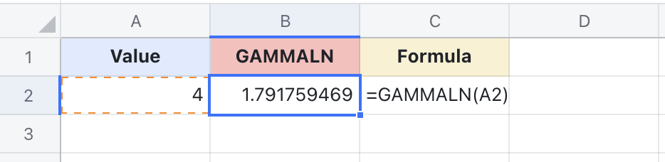 GAMMALN function for Sheets