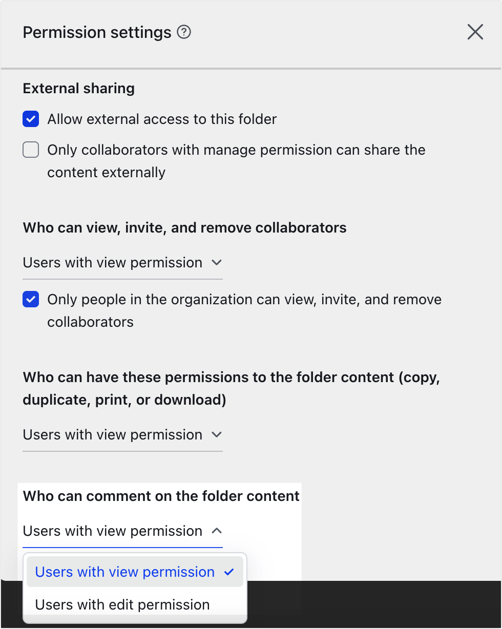 Set share, copy, download, and comment permissions for folders