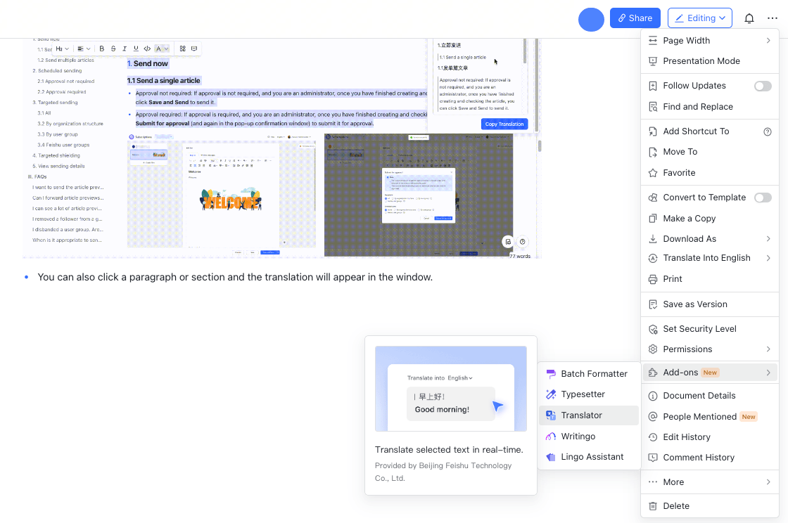 Use the Feishu Translator add-on