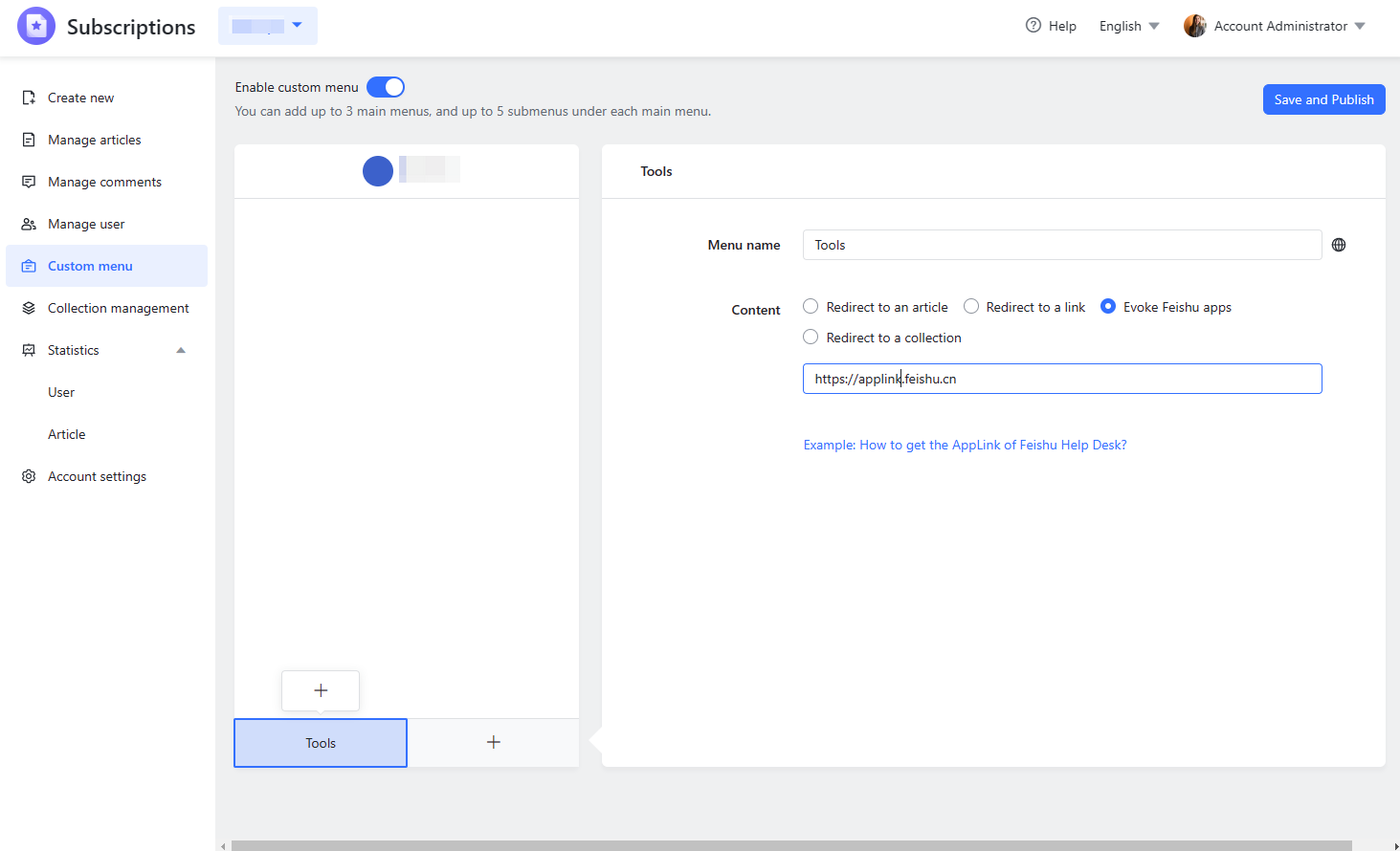 Admin | Set up custom menus on the Subscriptions accounts homepage