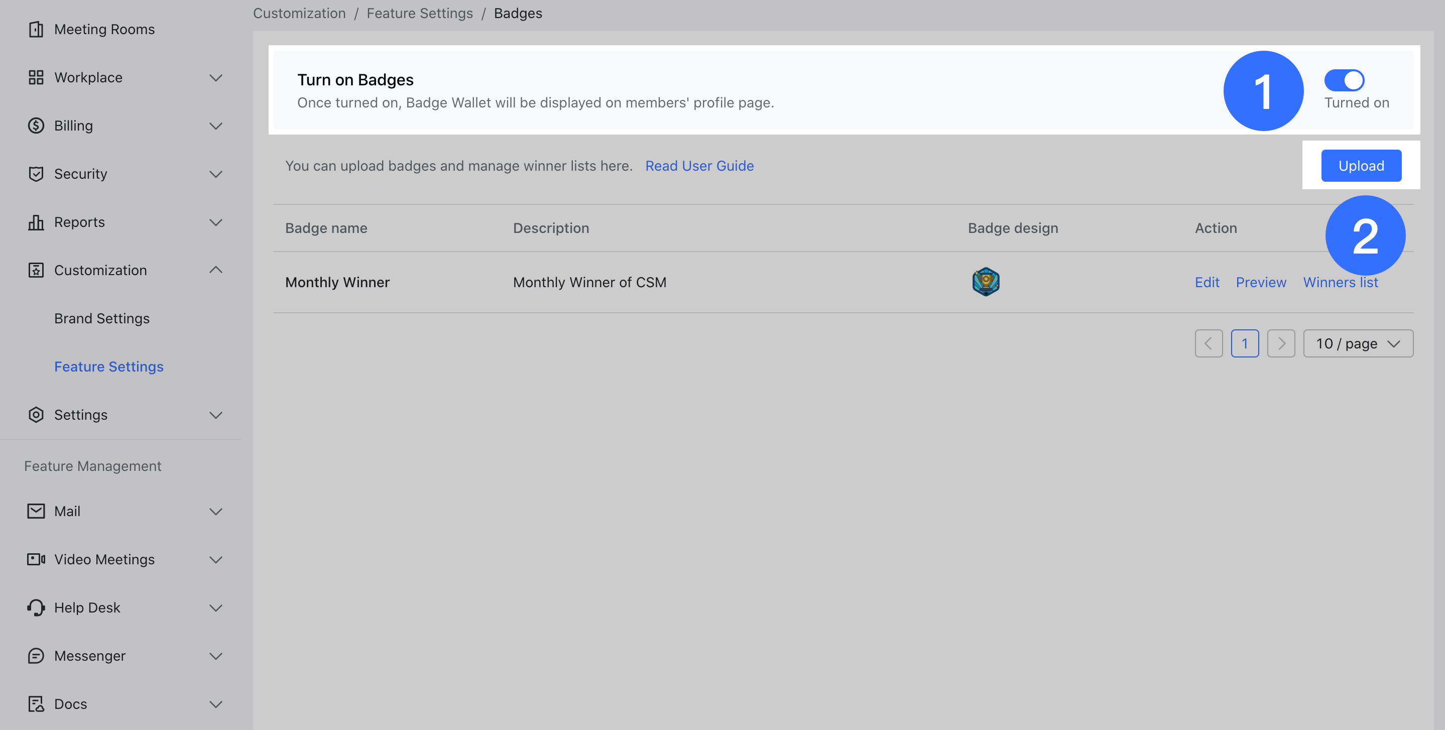 Upload and manage badges
