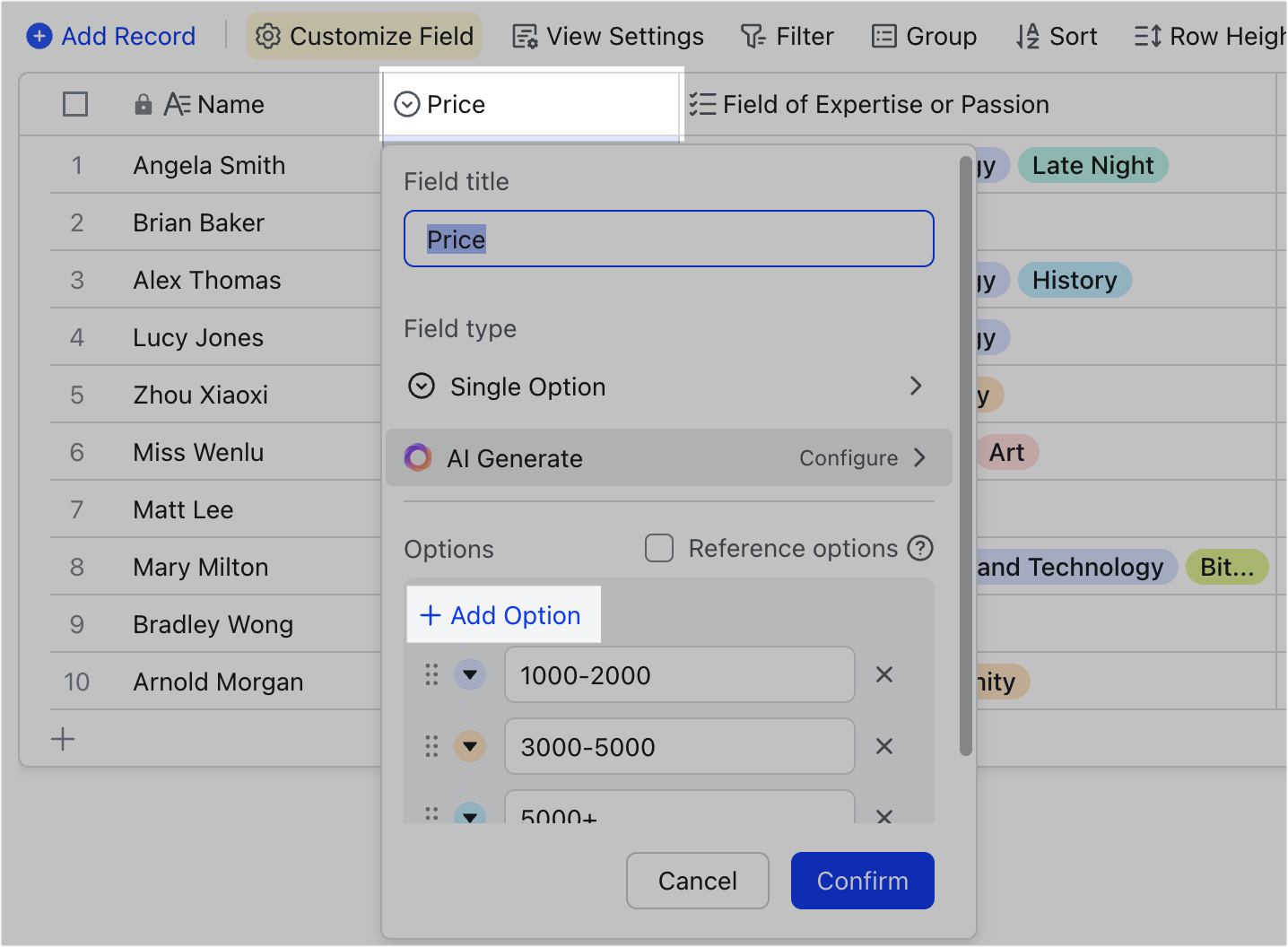 Use single and multiple option fields in Base