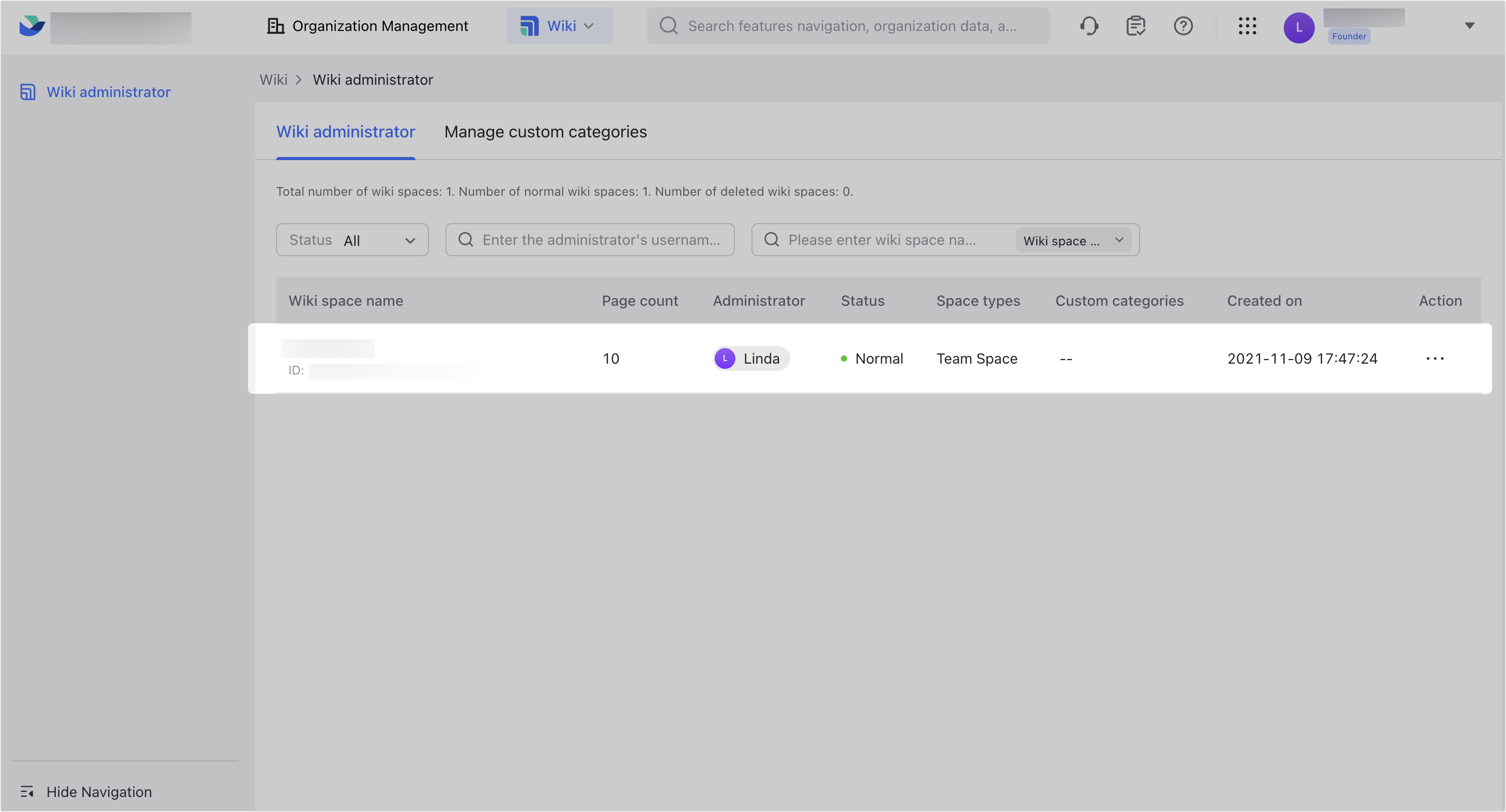 Admin | Manage wiki spaces