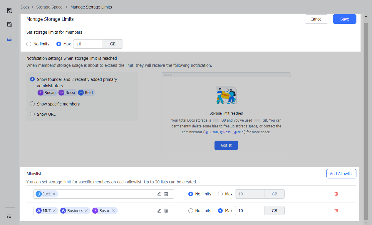 Set Docs storage usage limits for company members