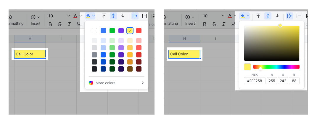 Use font size, font/cell color, and paint format functions in Sheets