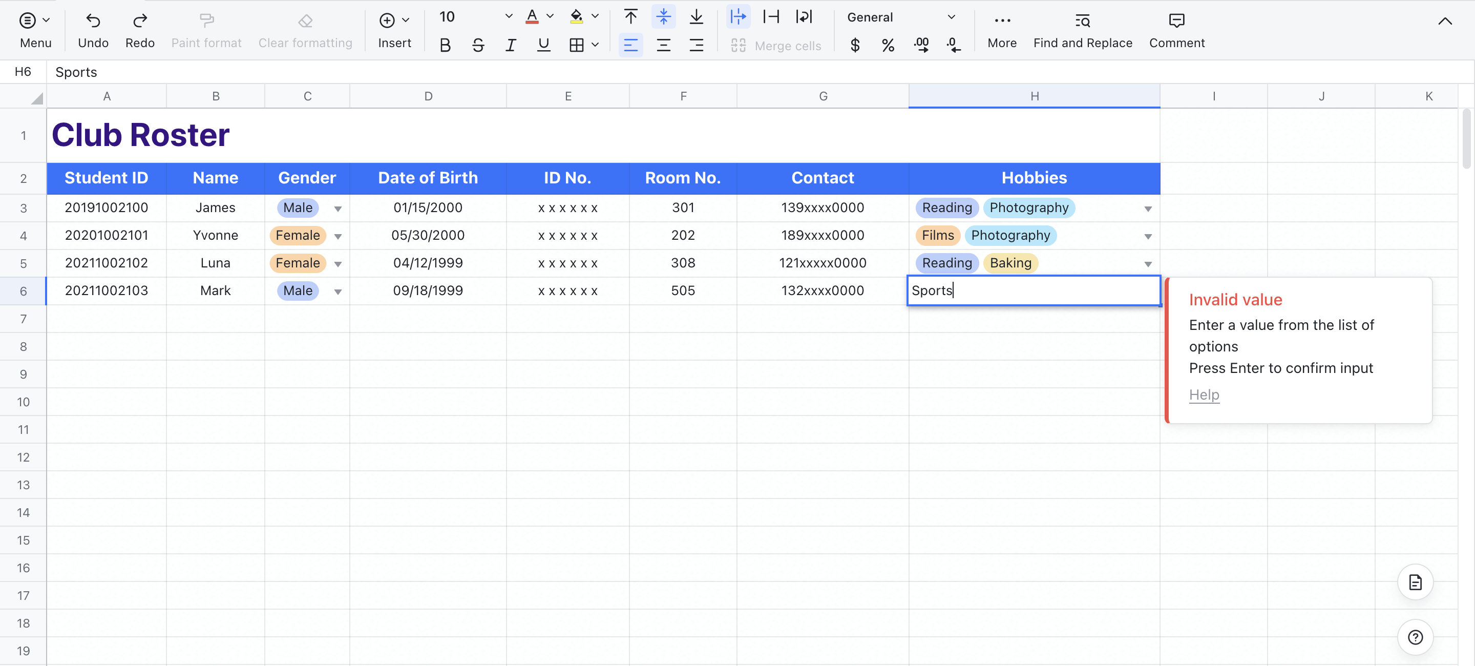 Use dropdown lists in Sheets