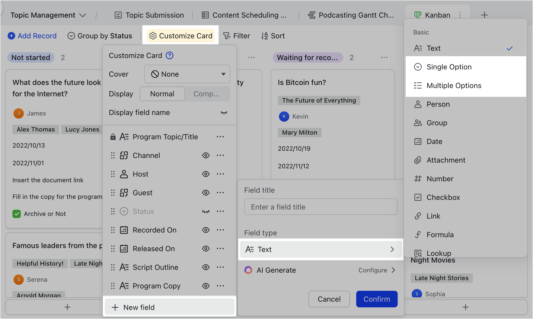 Use single and multiple option fields in Base