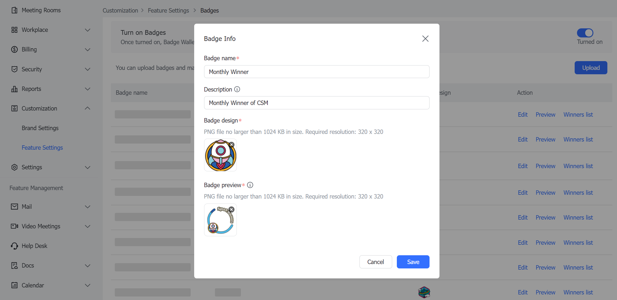 Upload and manage badges