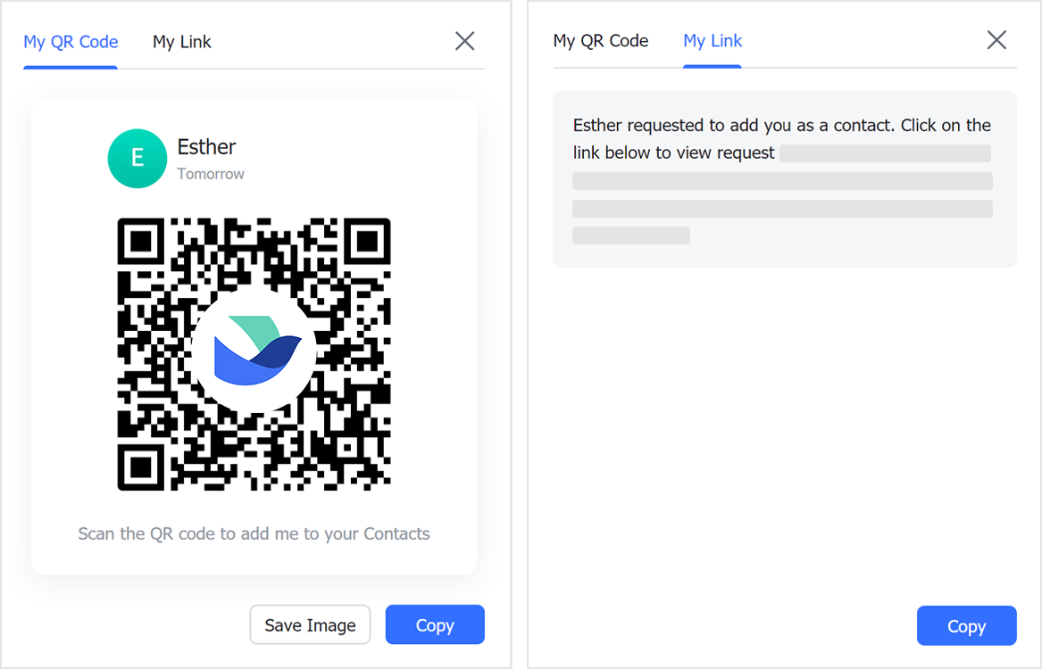 Share contact card, QR code, and link
