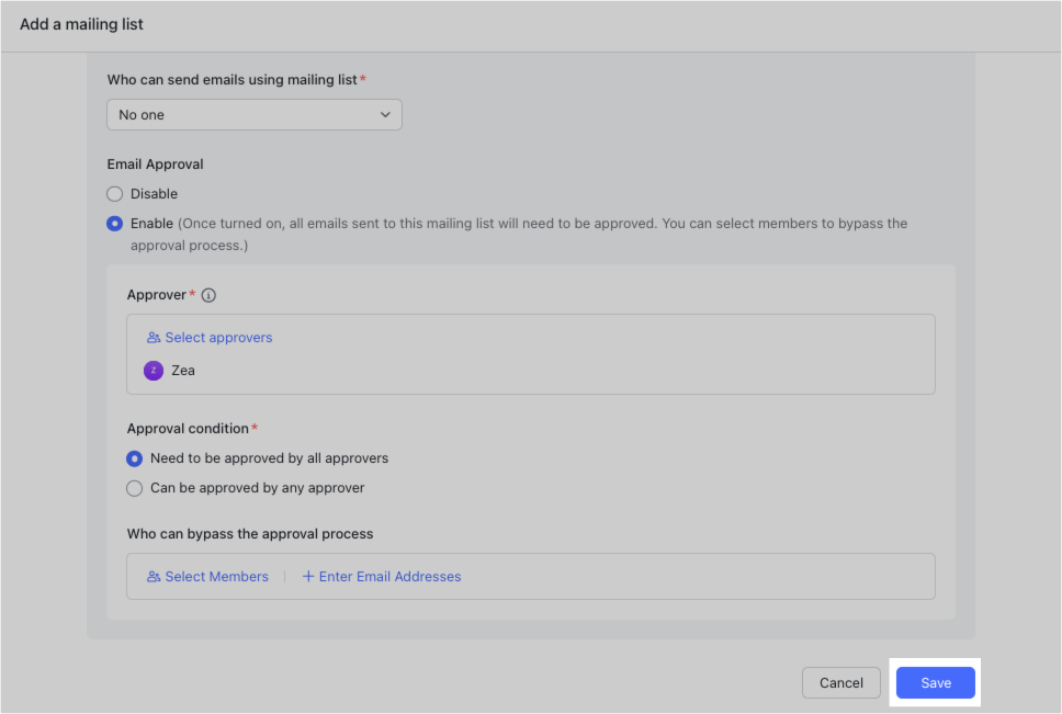 Admin | Enable email approval for mailing lists