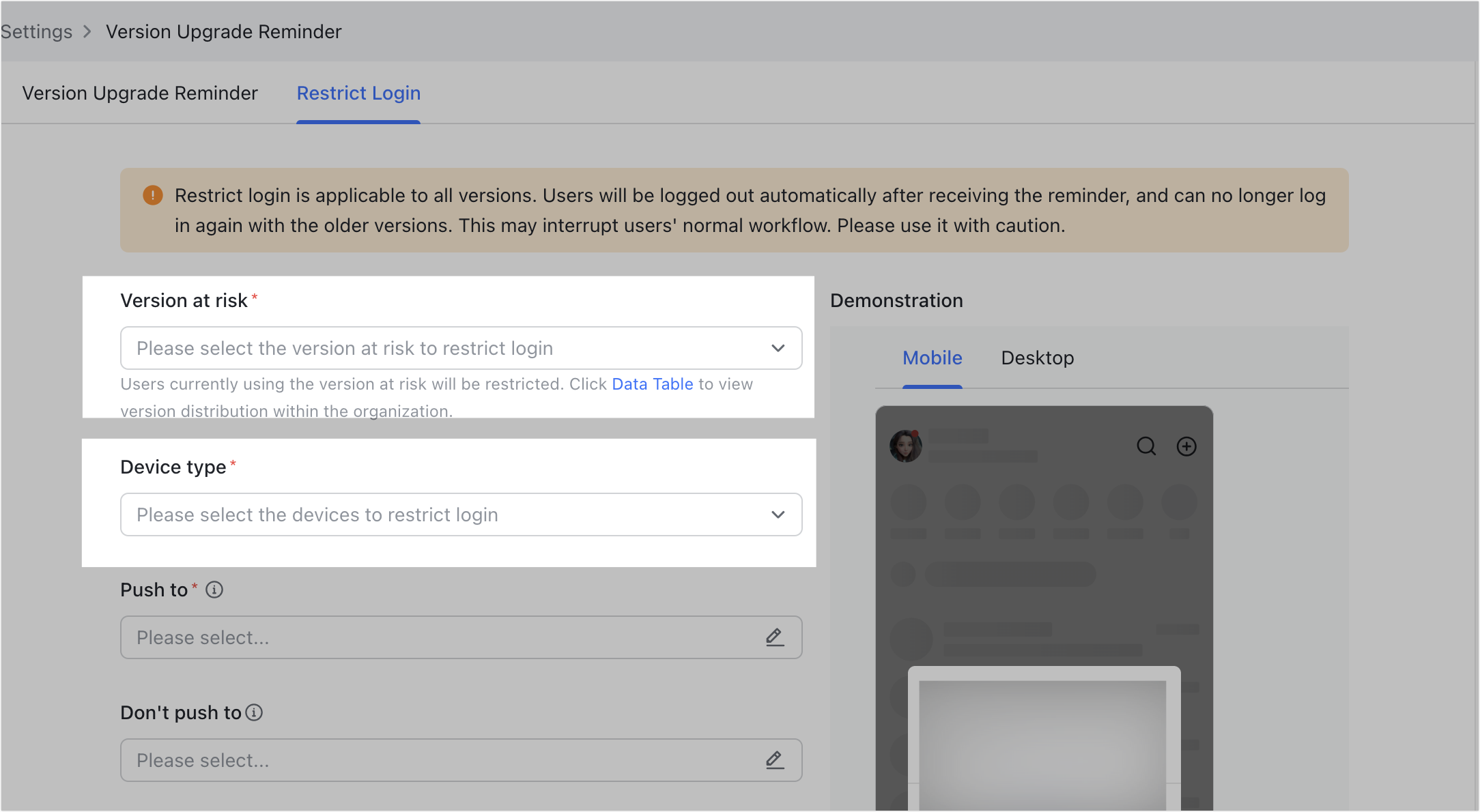 Admin | Configure version upgrade and login restriction reminders