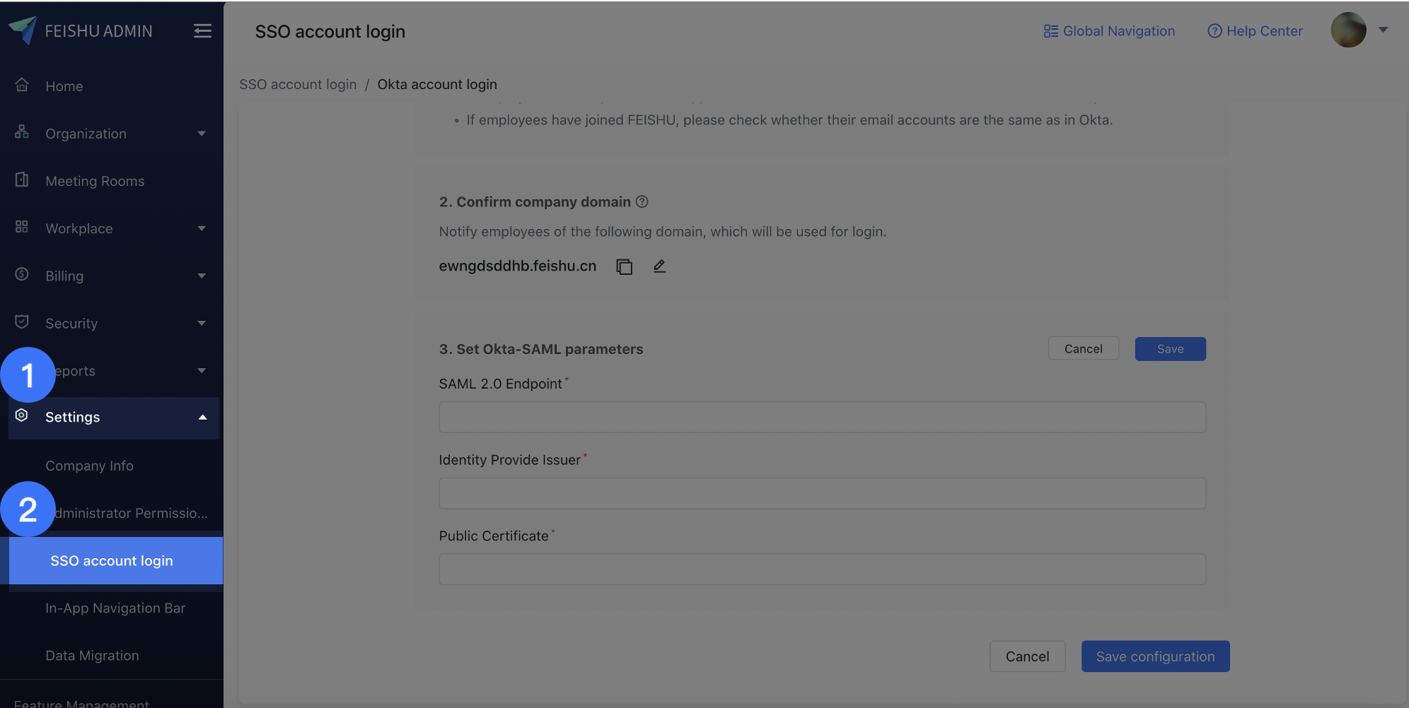 Configure SAML 2.0 SSO login (use Okta IdP)