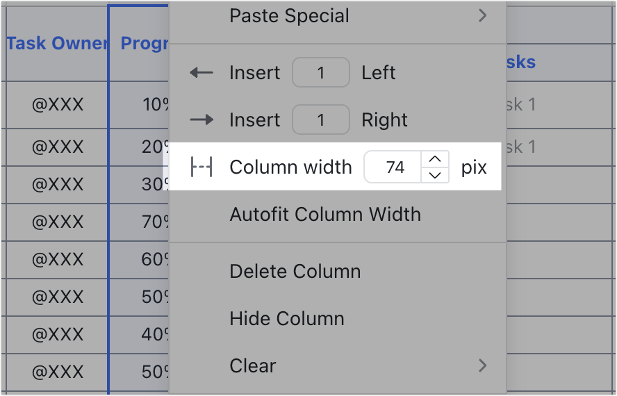 Adjust row height and column width in Sheets