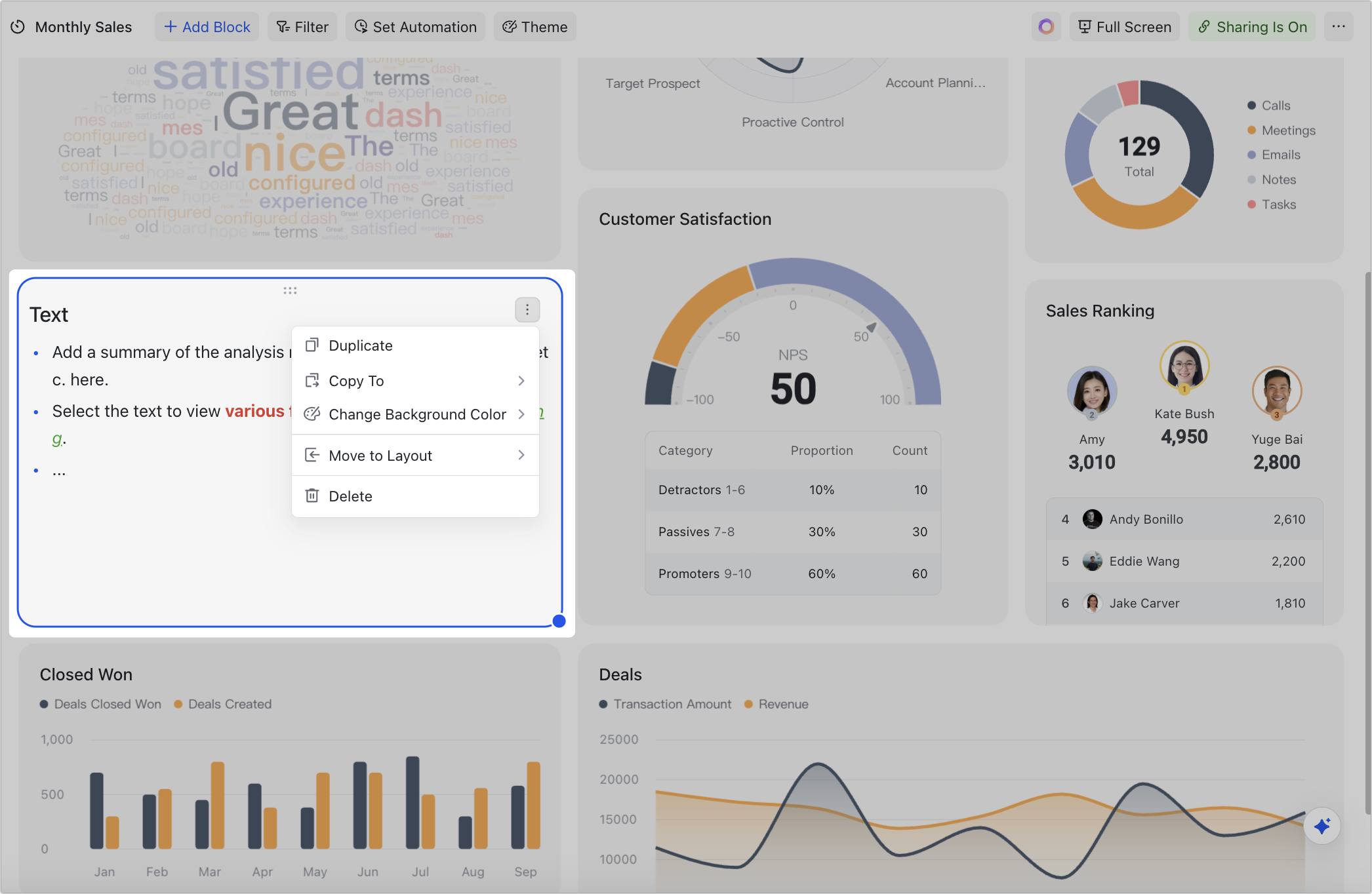 Use text blocks in dashboards
