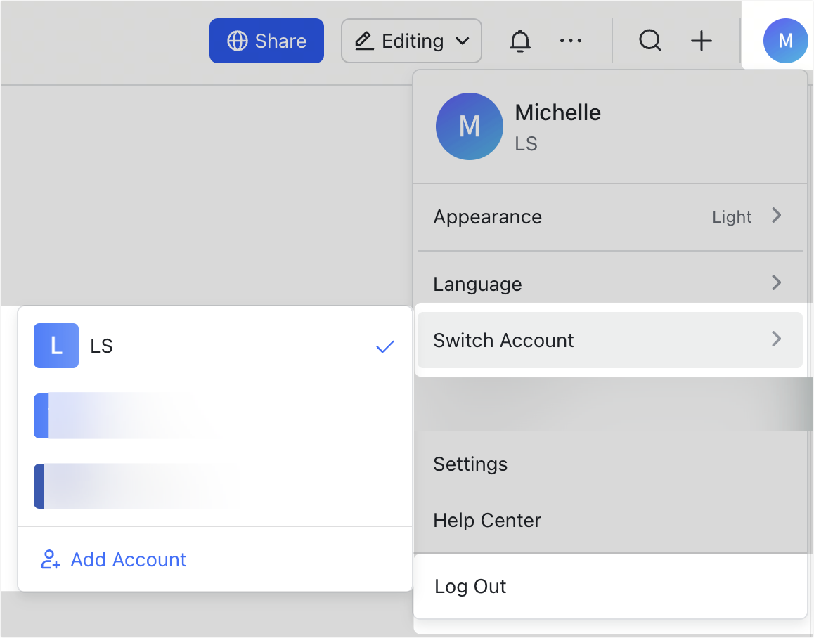 Switch accounts in Feishu Docs