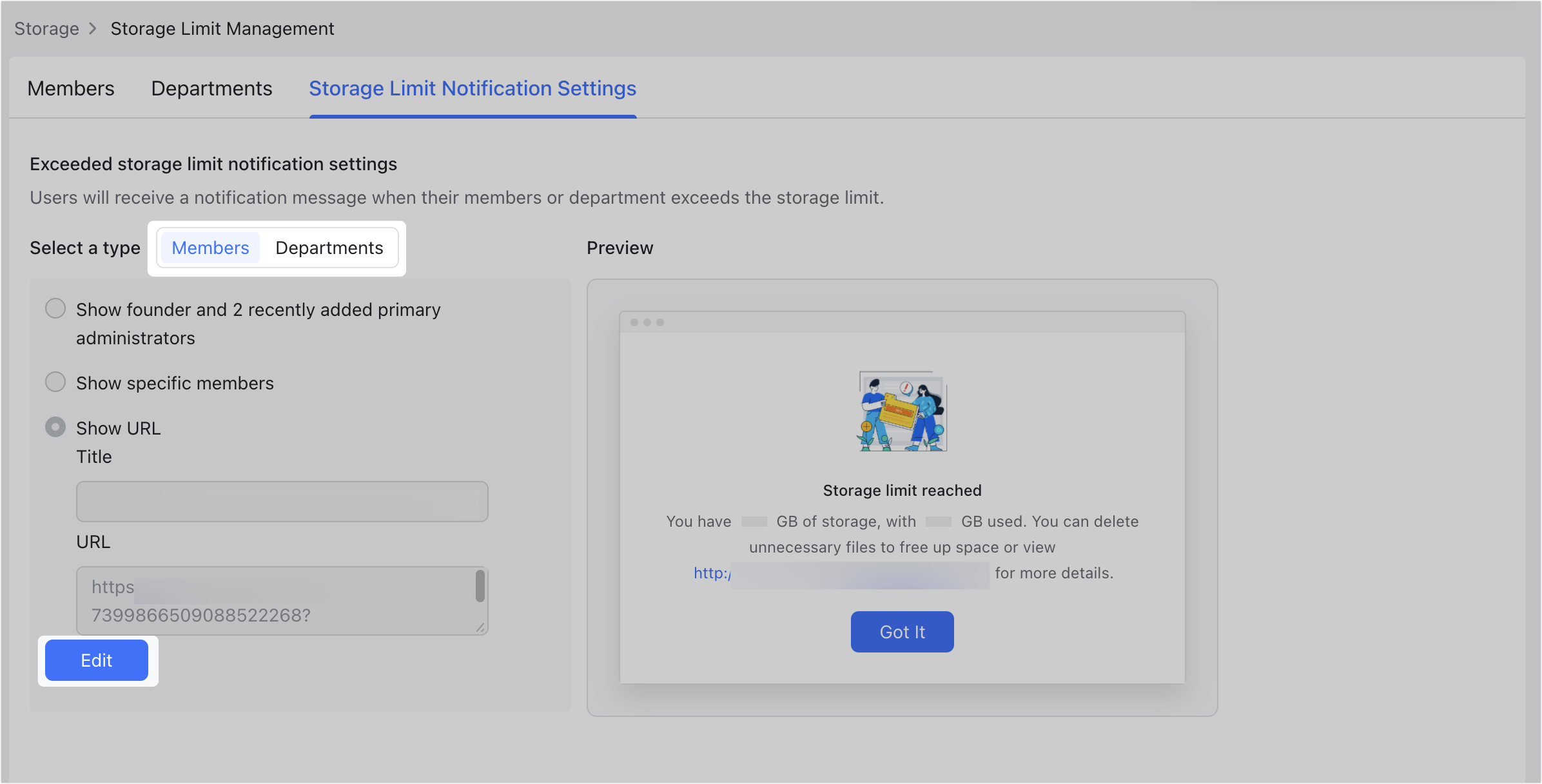 Admin | Set storage limit for members
