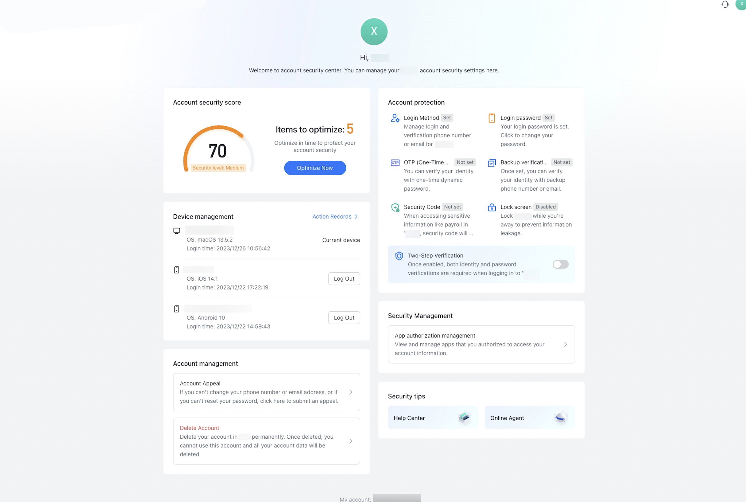 Account Security Center overview