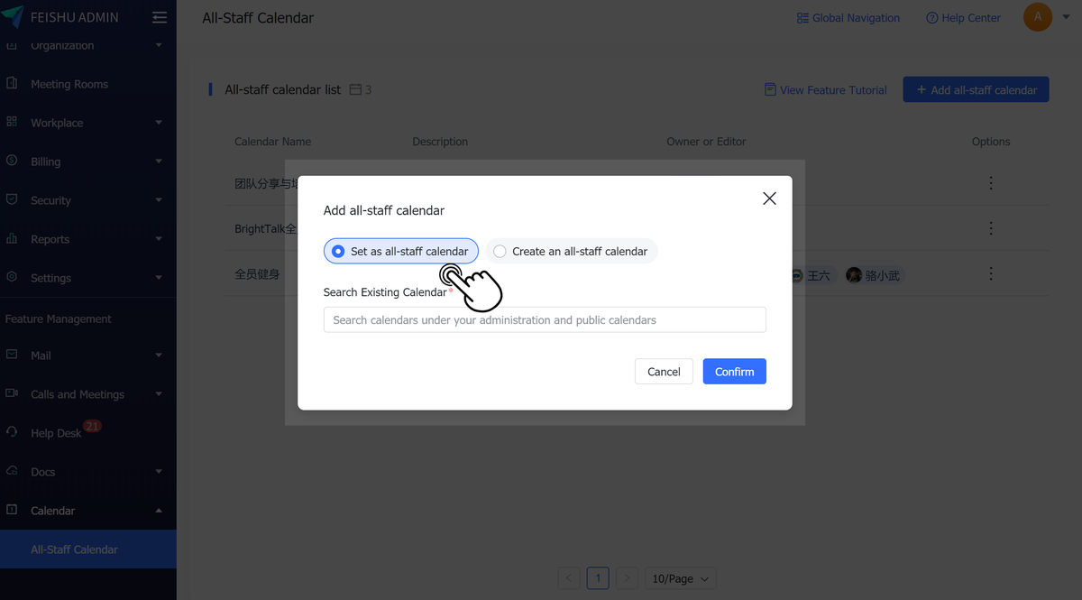 Admin | Create and manage all-staff calendars
