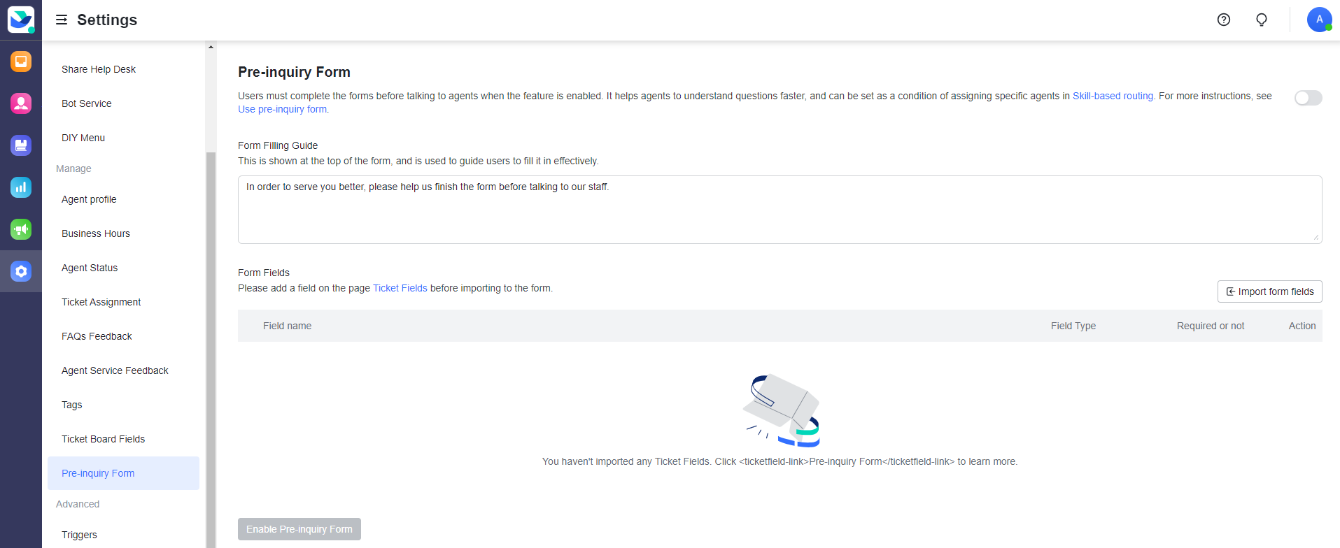 Configure Help Desk pre-inquiry forms
