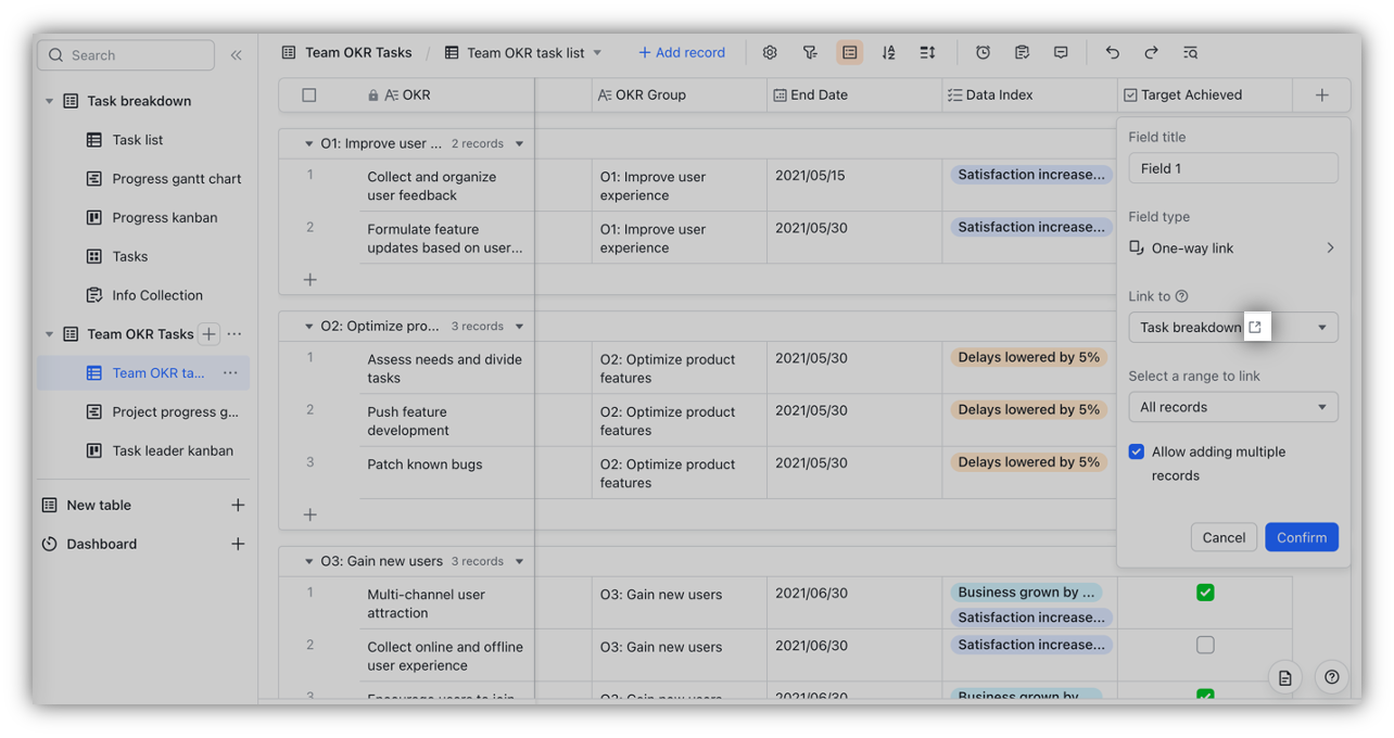 Use one-way link fields in Base