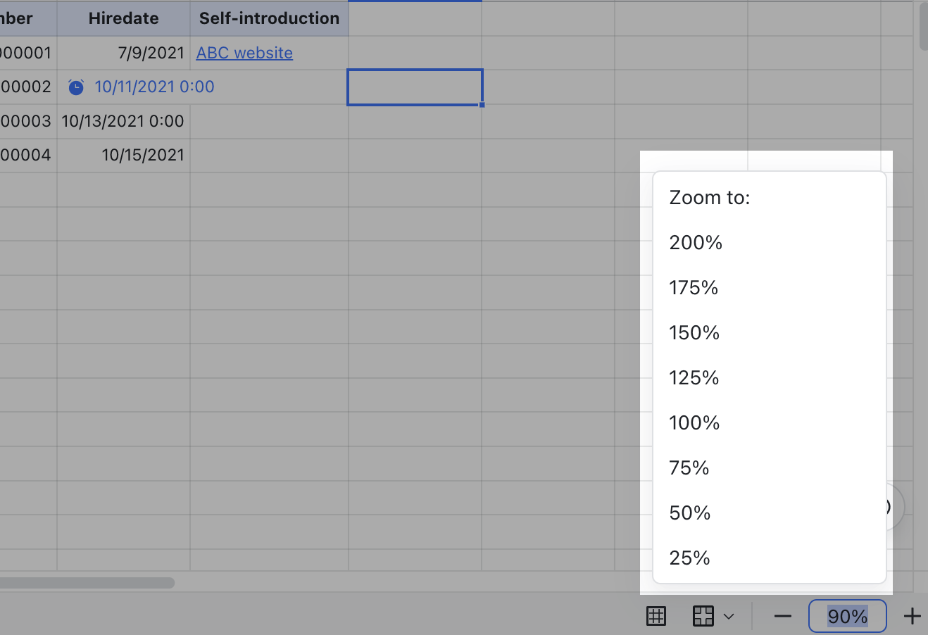 Zoom in and out in Sheets