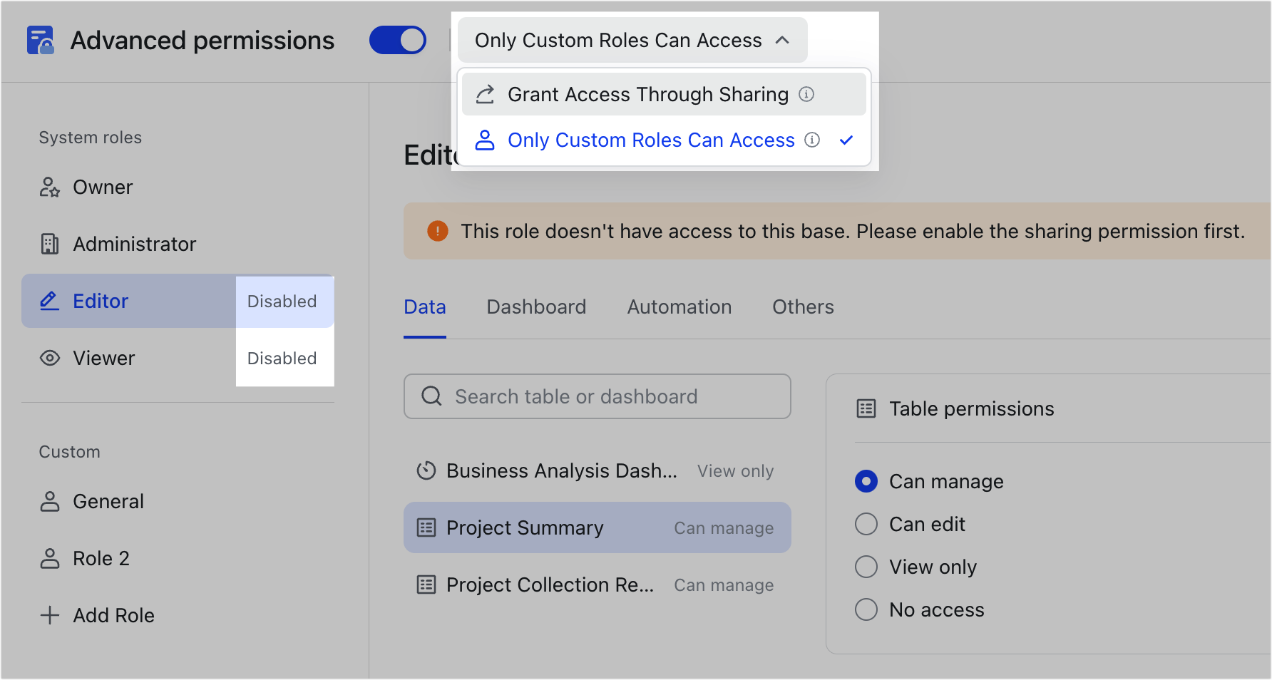 Overview of new advanced permission roles in Base