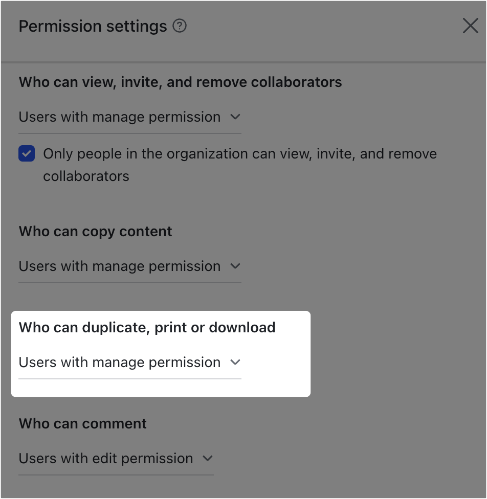 Set share, copy, download, and comment permissions for documents