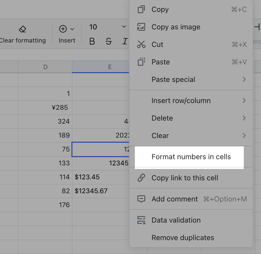 Customize number formats in Sheets