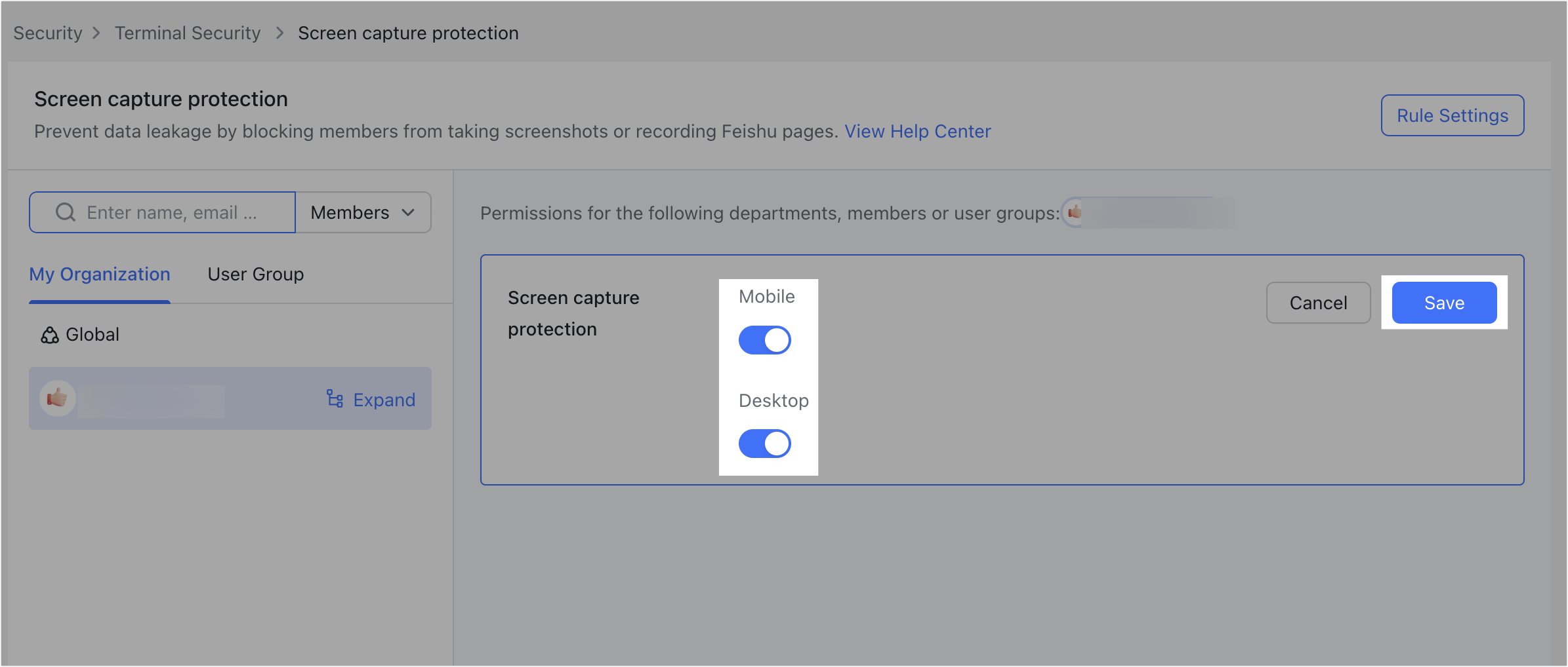 Admin | Turn on screen capture protection