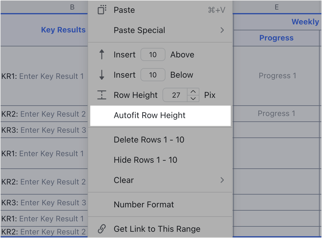 Adjust row height and column width in Sheets