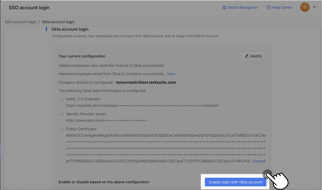 Admin | Configure SAML 2.0 SSO login (use Okta IdP)