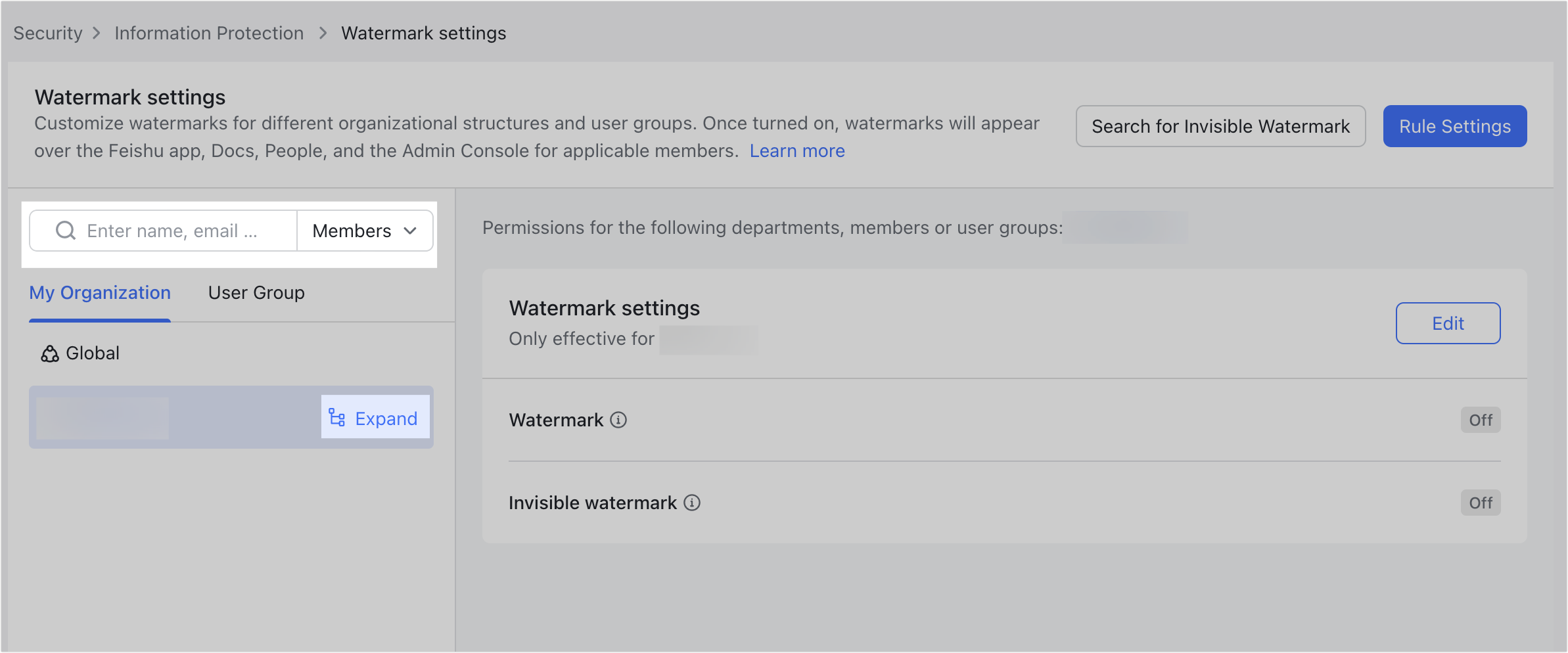 Admin | Set watermarks based on the organizational structure