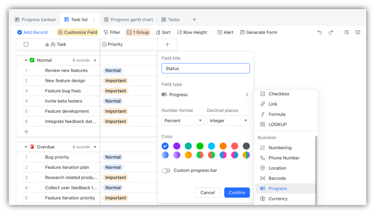 Use progress fields in Base