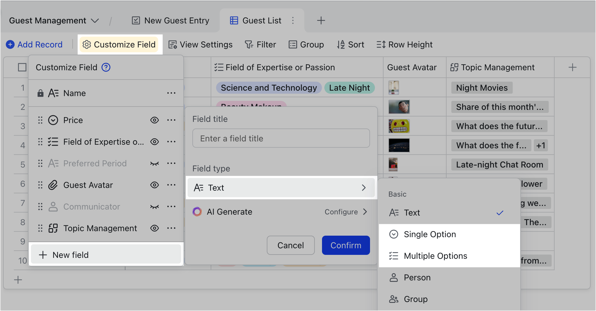 Use single and multiple option fields in Base