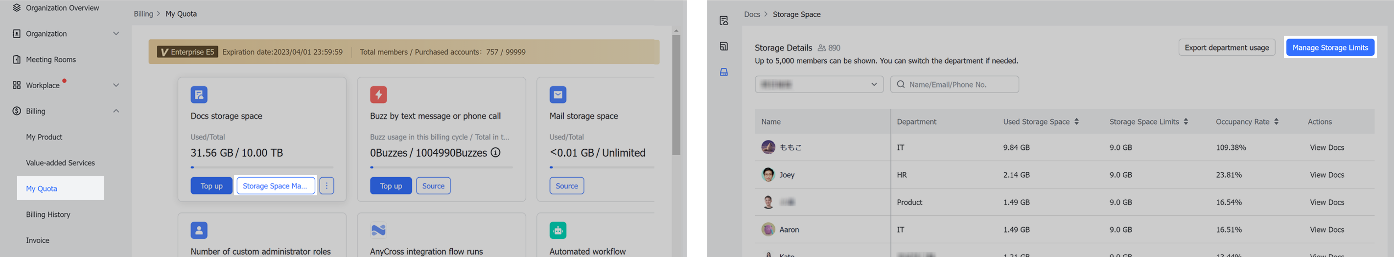 Set Docs storage usage limits for company members