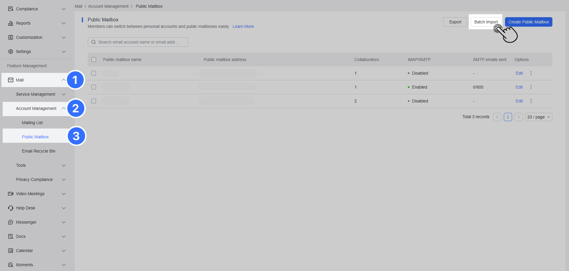 Admin | Batch import and export public mailboxes
