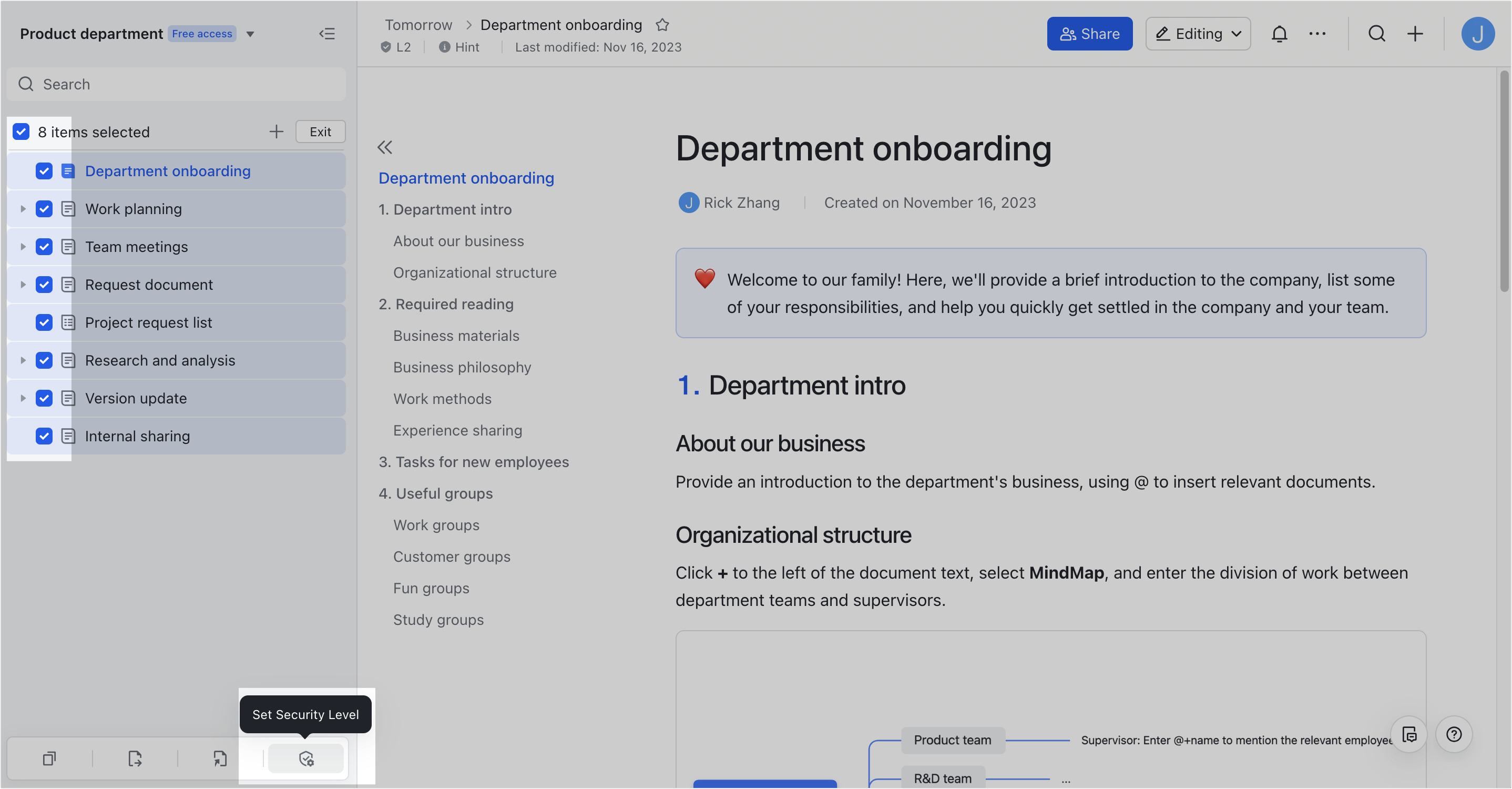 Set or adjust security levels for documents