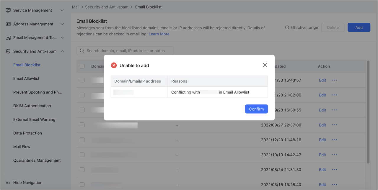 Admin | Create an email blocklist