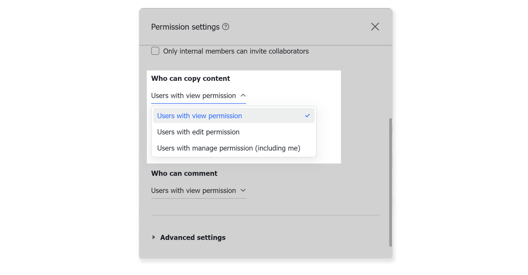Set share, copy, download, and comment permissions for documents