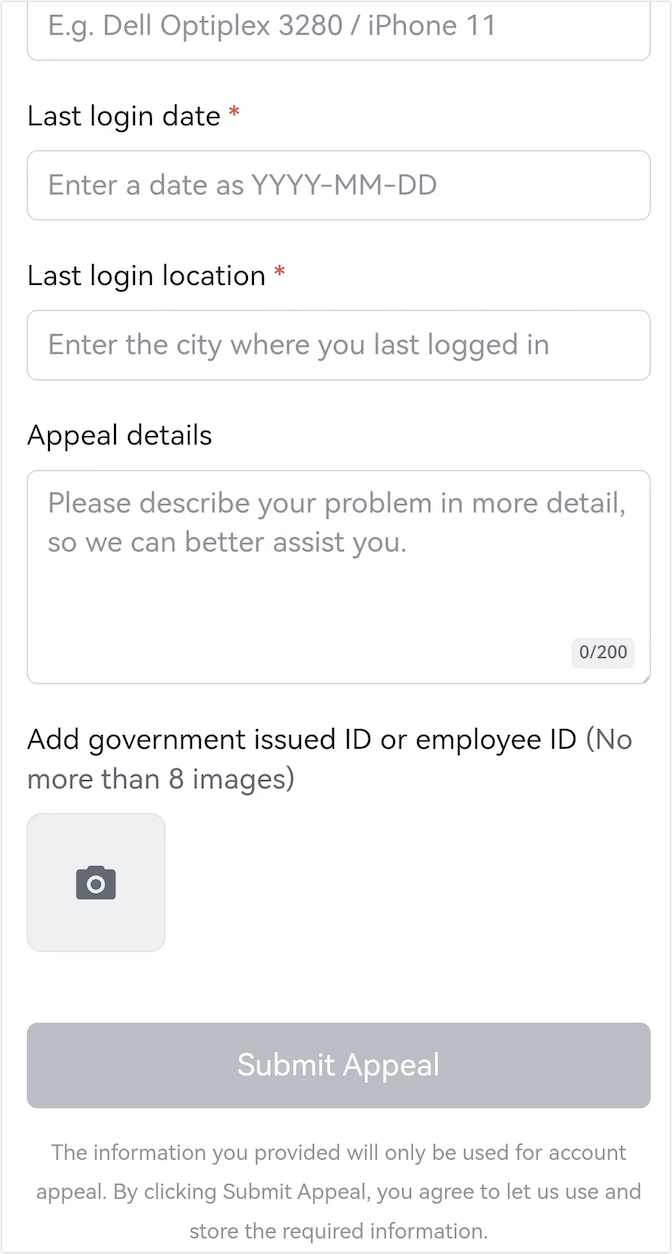 Submit an account appeal