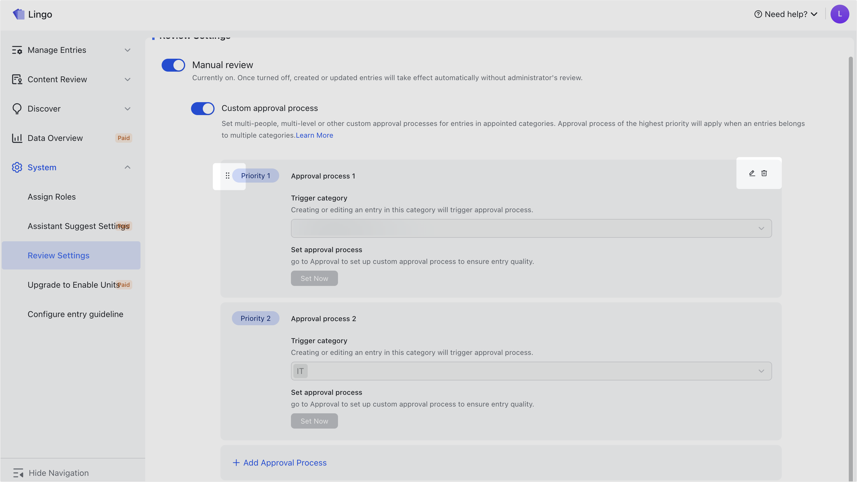 Set the review mode for Lingo entries