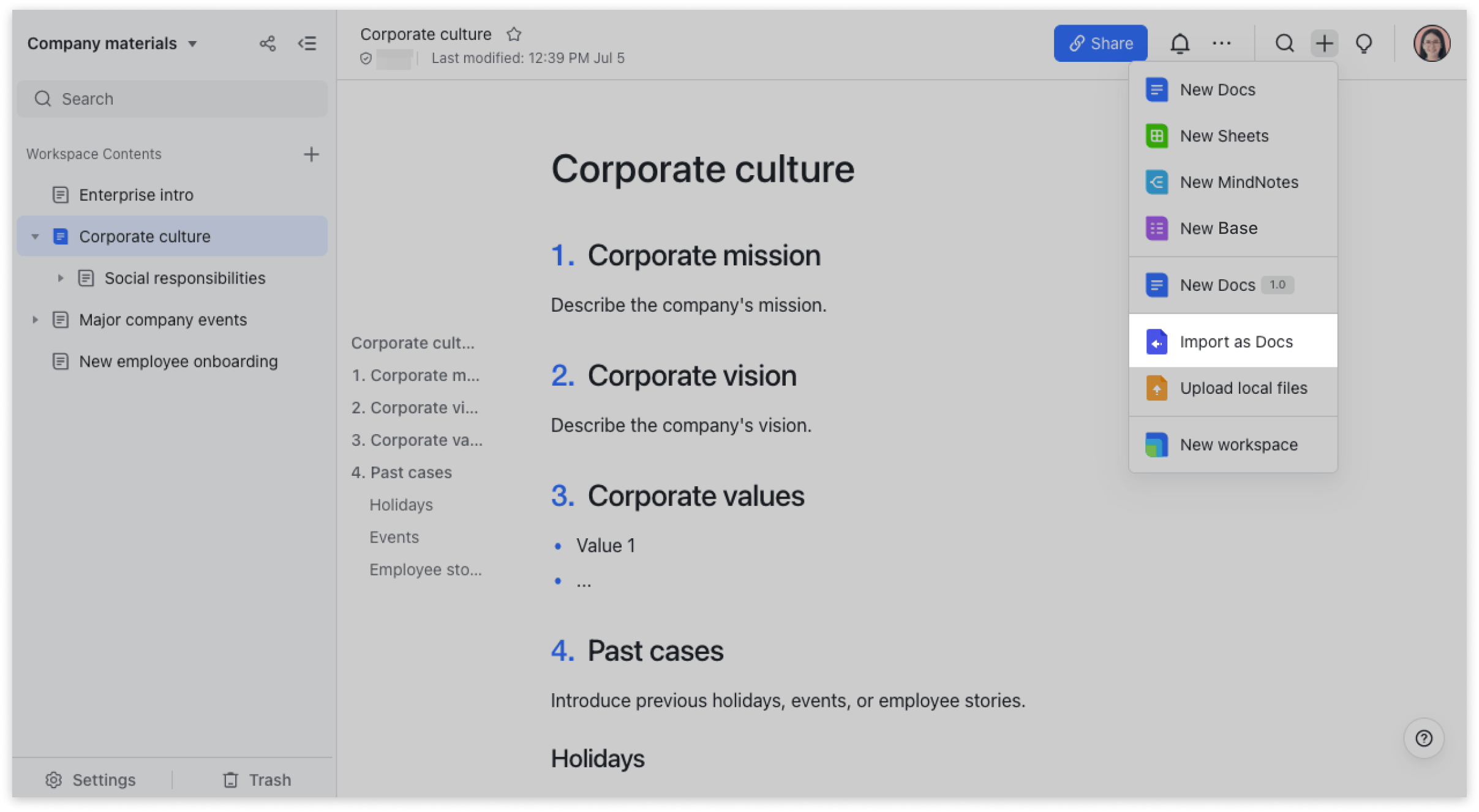 Add pages in a workspace